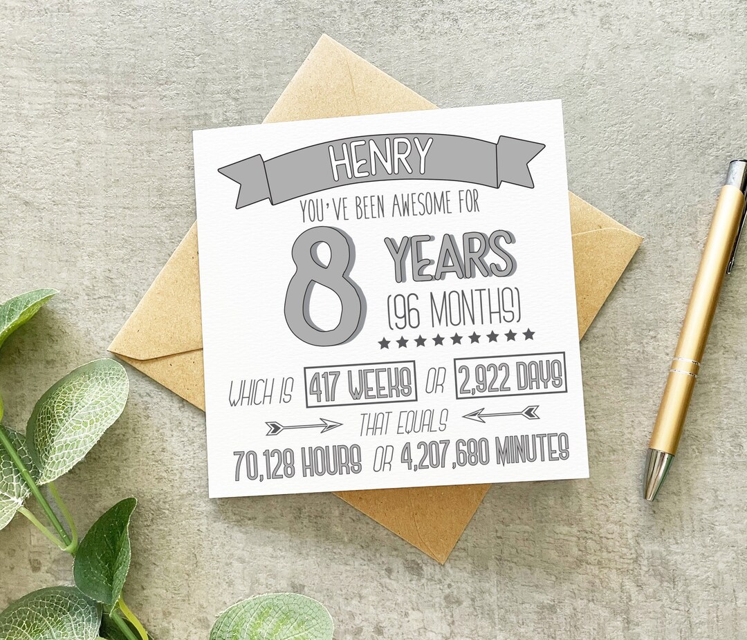 8 Years Birthday Card, 8th Birthday Card, Personalised Birthday Card ...