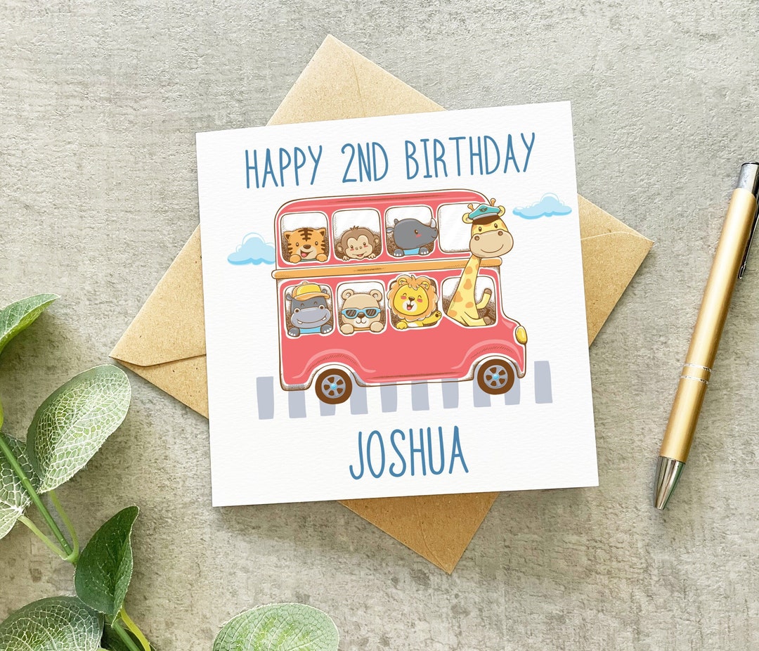 Bus Birthday Card, Boys Birthday Card, Double Decker Bus Card, Animal ...