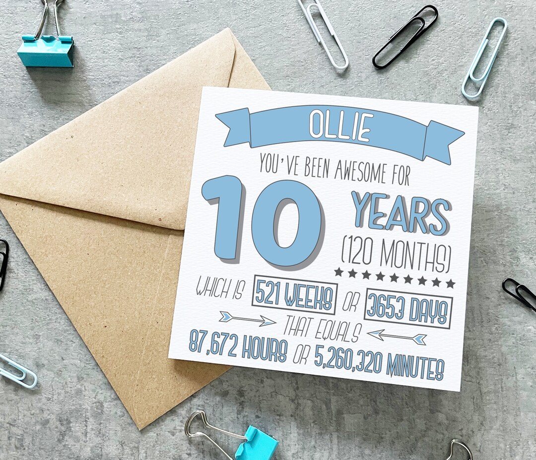 10 Years Birthday Card, 10th Birthday Card, Personalised Birthday Card ...