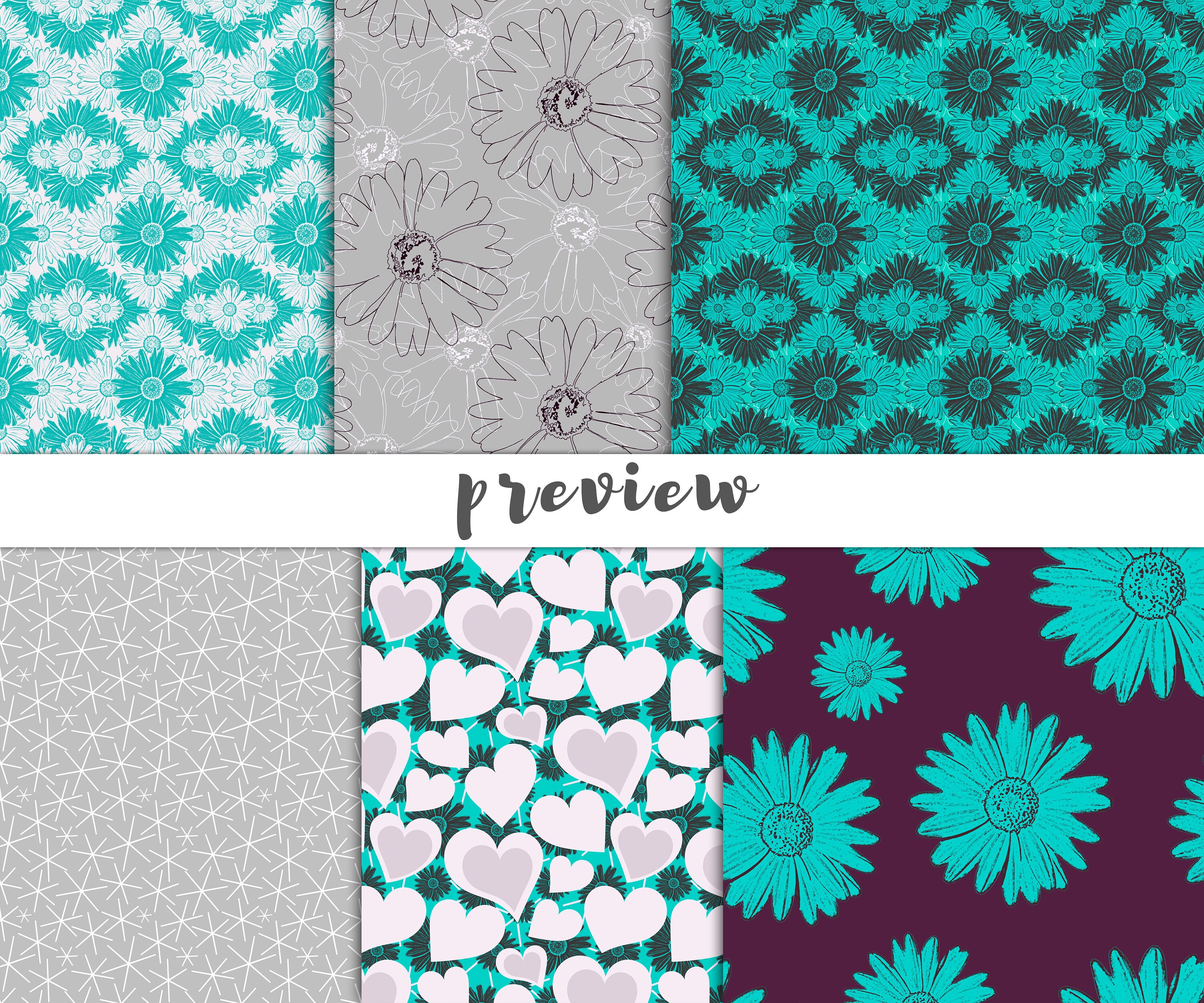 Teal Daisies Digital Paper Teal Flowers Digital Papers Teal | Etsy