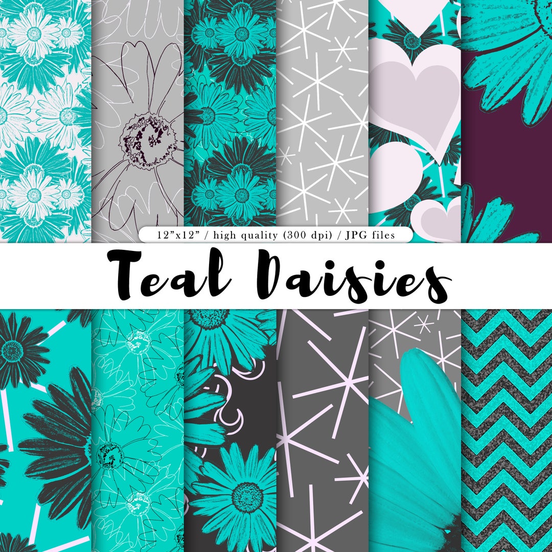 Teal Daisies Digital Paper Teal Flowers Digital Papers Teal Rustic ...