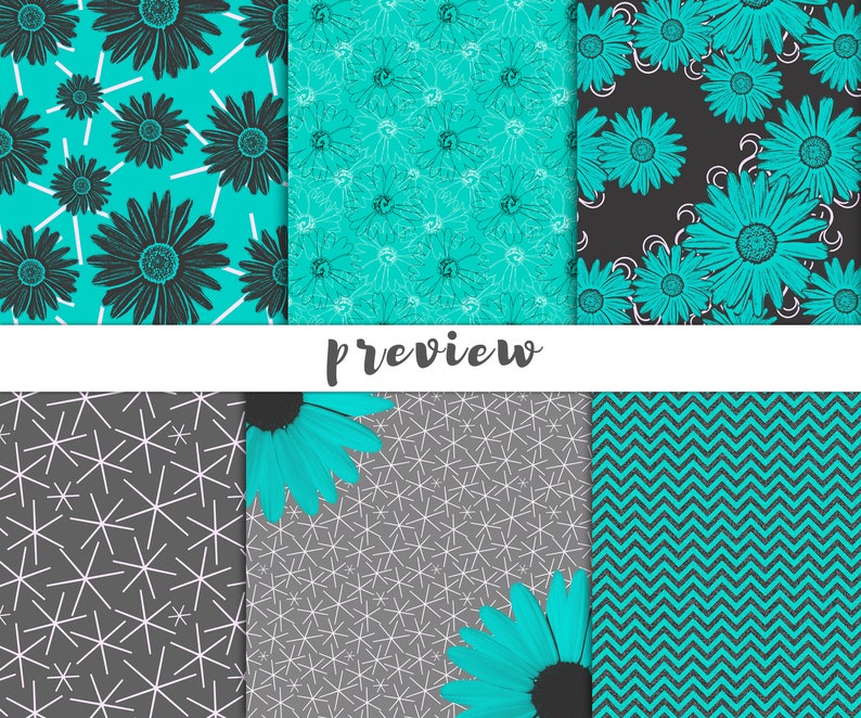 Teal Daisies Digital Paper Teal Flowers Digital Papers Teal Rustic ...