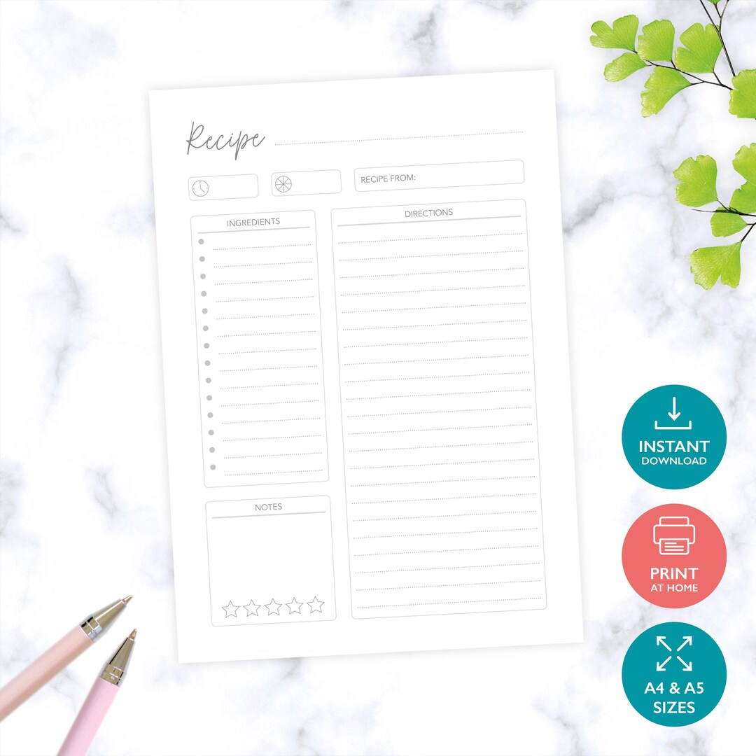 Recipe Template Printable | Blank Recipe Page | Digital PDF Instant ...