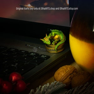 Baby Dragon Sleeping on Coins, Cute Monitor Sitter, Green Dragon ...