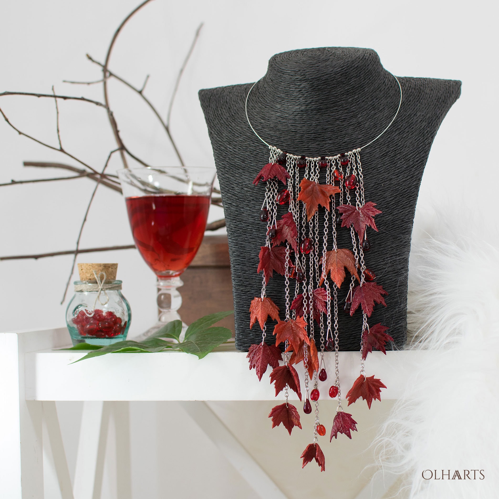 Red Maple Autumn Leaves Necklace, Weirwood Tree Choker With Red Glass ...