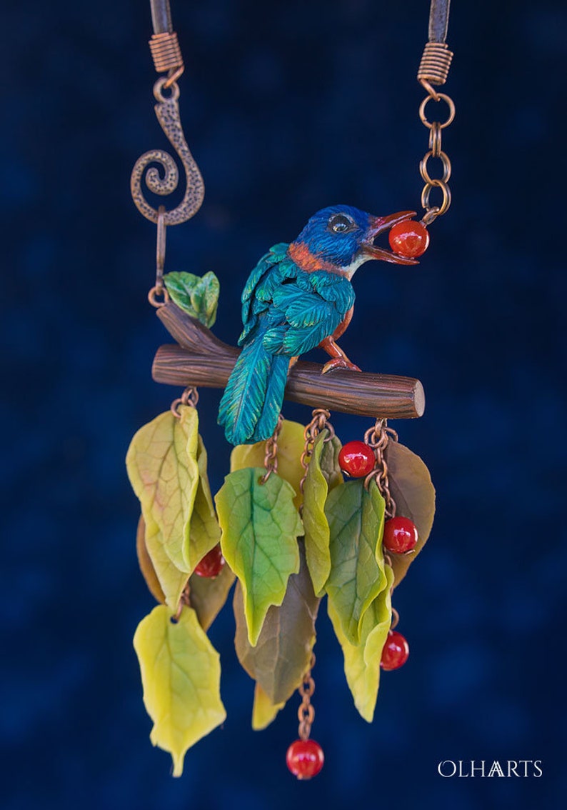 Blue Bird Necklace Polymer Clay Nature Jewelry Leaves and | Etsy