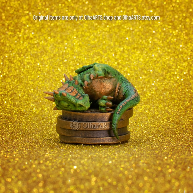 Baby Dragon Sleeping on Coins, Cute Monitor Sitter, Green Dragon ...