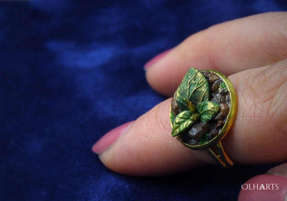 Plant Ring Polymer Clay Spring Sprout Gilded Ring With | Etsy