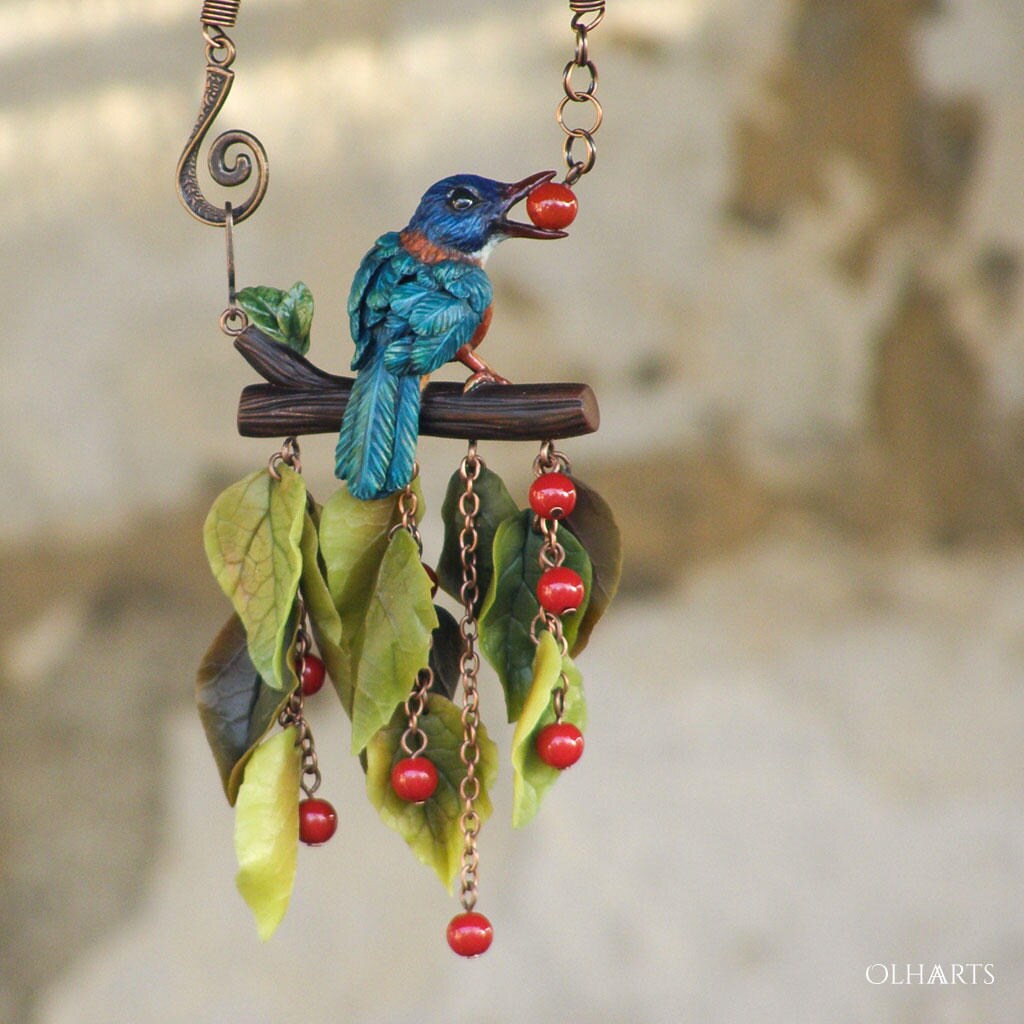 Blue Bird Necklace Polymer Clay Nature Jewelry Leaves and | Etsy