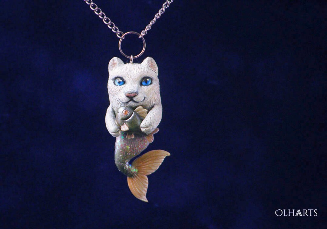 Cat Mermaid Pendant, Polymer Clay, White Cat, Blue-eyed Kitty, Funny ...