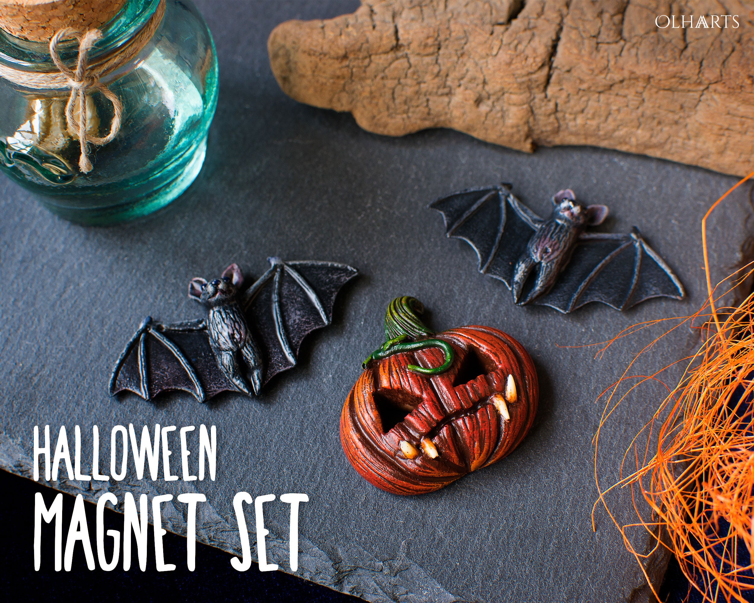 Halloween Magnet Set with Pumpkin and Bats. Kitchen Office or | Etsy