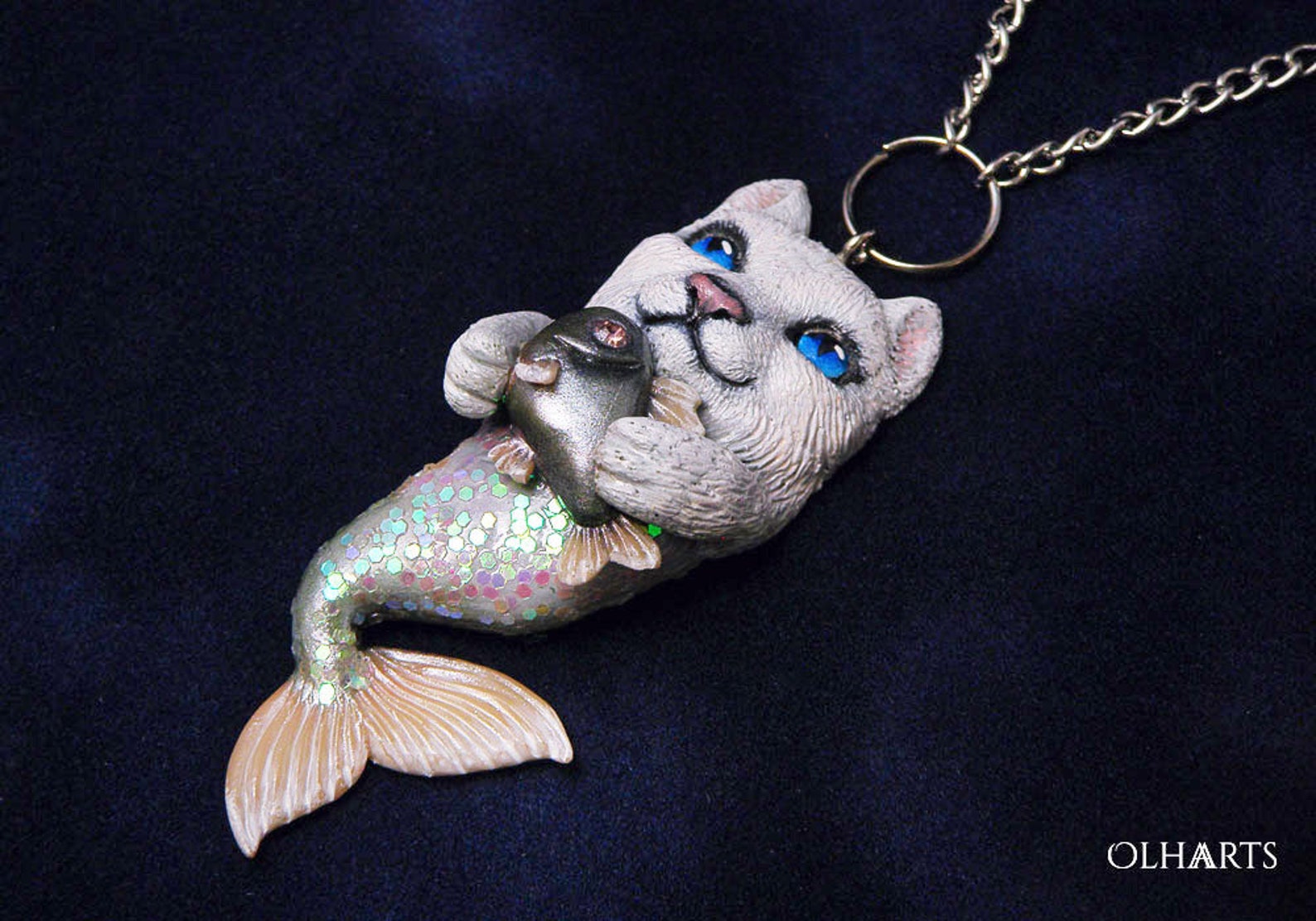 Cat Mermaid Pendant Polymer Clay White Cat Blue-eyed Kitty | Etsy