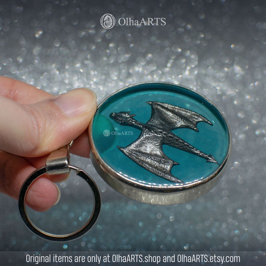 Fantasy Keychain With Silver Flying Dragon, Handmade of Epoxy Resin and ...
