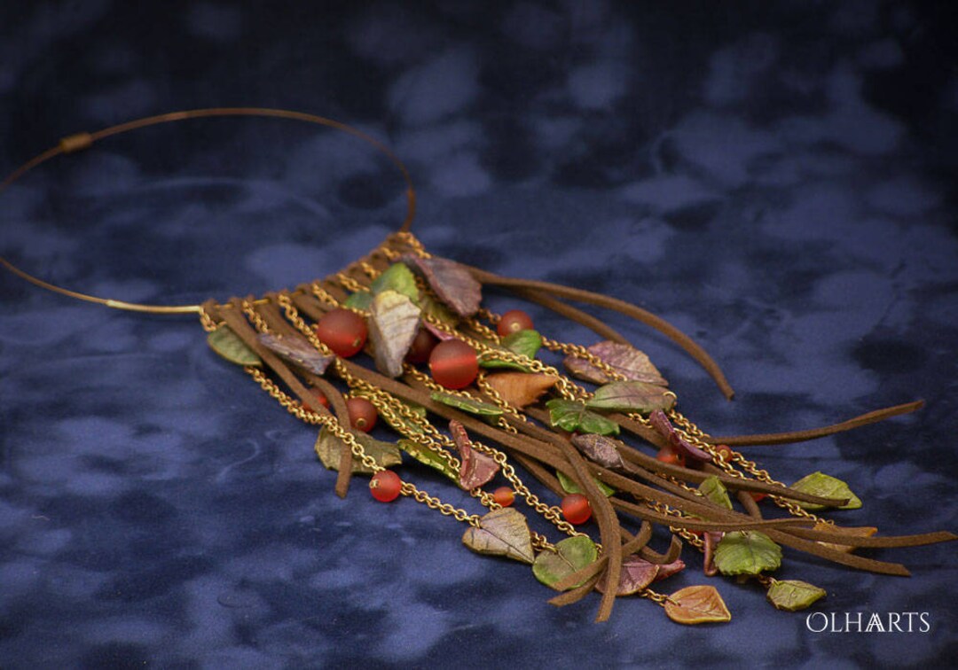 Boho Autumn Choker, Polymer Clay Leaves, Red Glass Berries, Copper ...