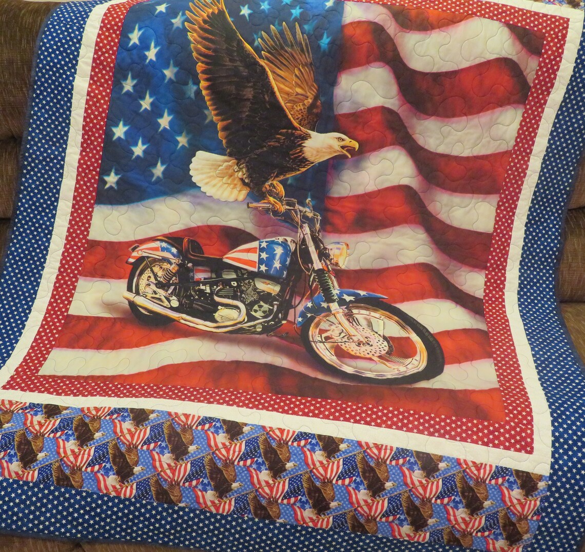 Motorcycle Quilt Patriotic Eagle Quilt Motorcycle Blanket - Etsy