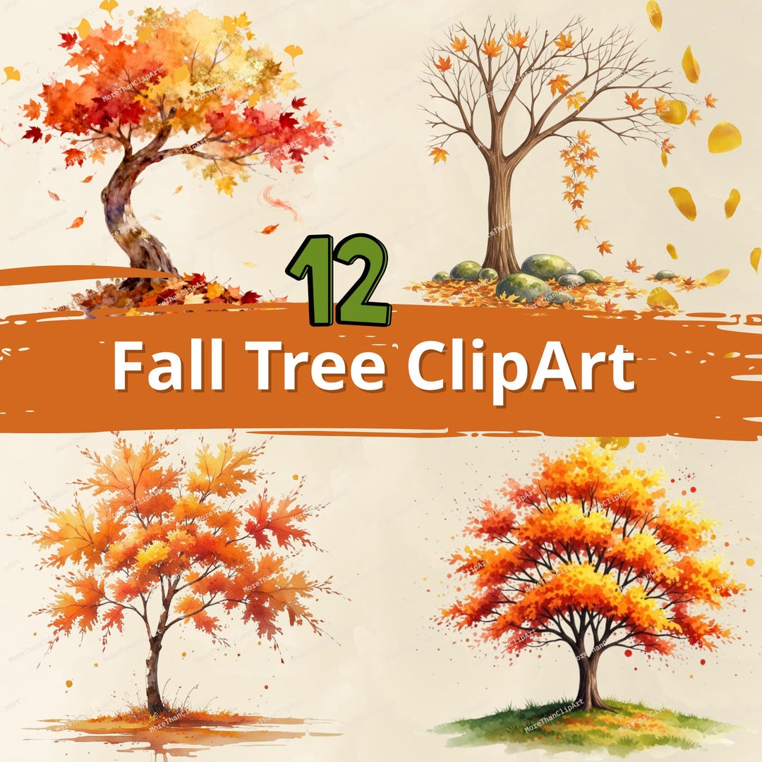 Fall Tree Clipart PNG Bundle, Watercolor Autumn Foliage, Cozy Fall Clip ...