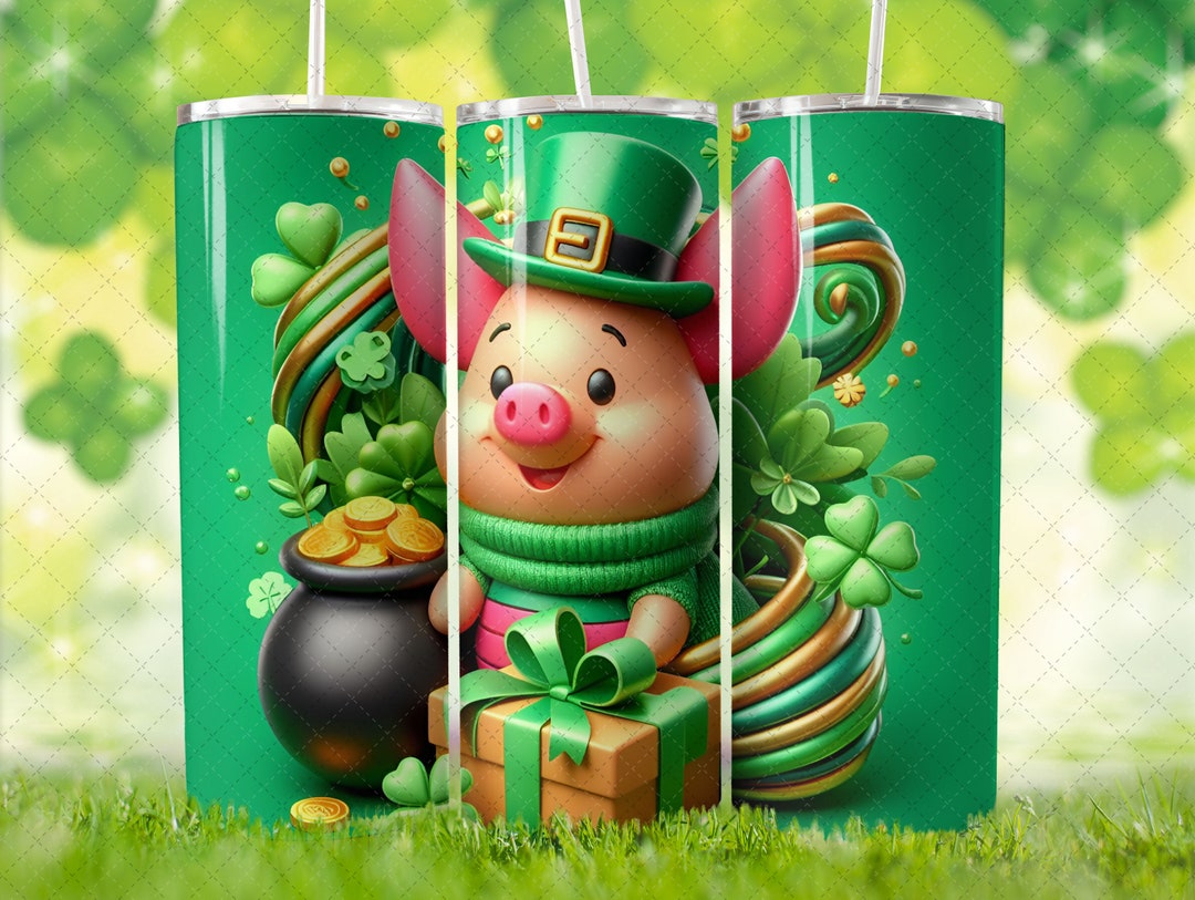 3D Cartoon Characters Piglet St Patrick's Day Tumbler Wrap, St Patrick ...