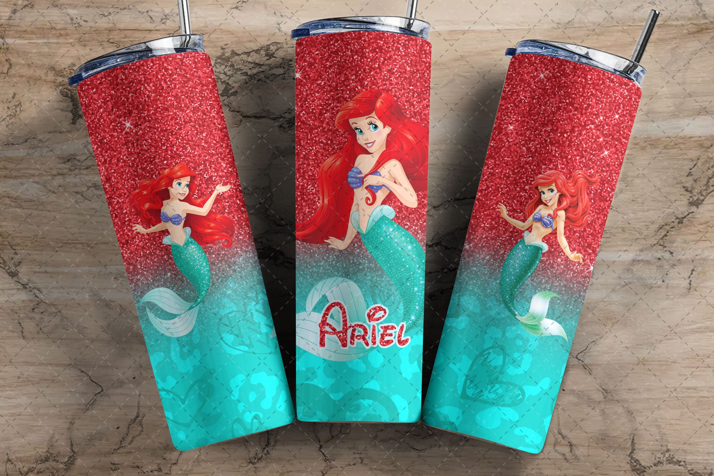 Ariel Glitter Tumbler Wrap, Cartoon Character Ariel 20 Oz Skinny Tumbler Wrap, 20oz Tumbler Png ...
