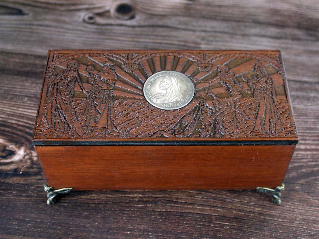 Fancy Woodcut Trinket Box With Skull Coin Design and Ornate Feet ...