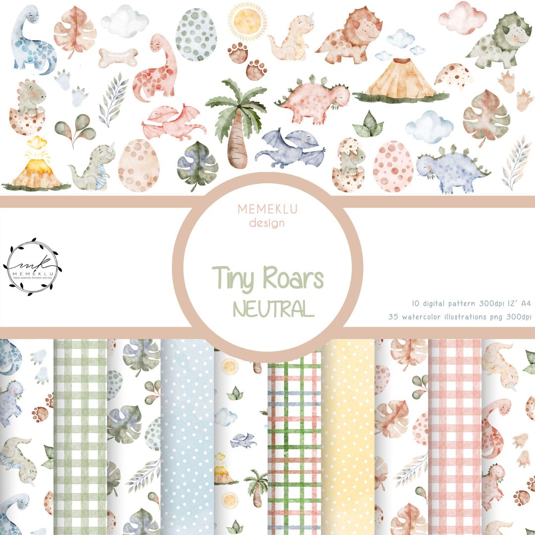 BABY DINOSAURS WATERCOLOR Clipart, Baby Dinosaurs Watercolor Pattern ...