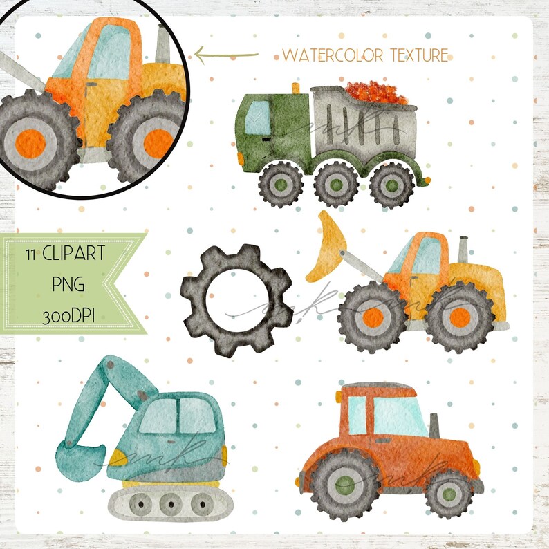 WATERCOLOR CLIPART, Construction Vehicles Scrapbooking Png, Graphics ...