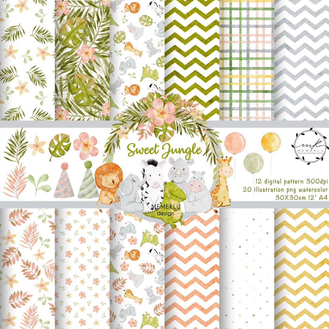 SWEET JUNGLE Digital Paper Tropical Watercolor Download - Etsy