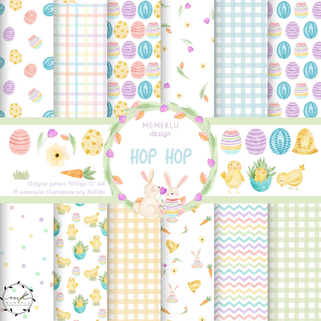 EASTER BUNNY Seamless Digital Papers, Pastel Easter Clipart, Watercolor ...