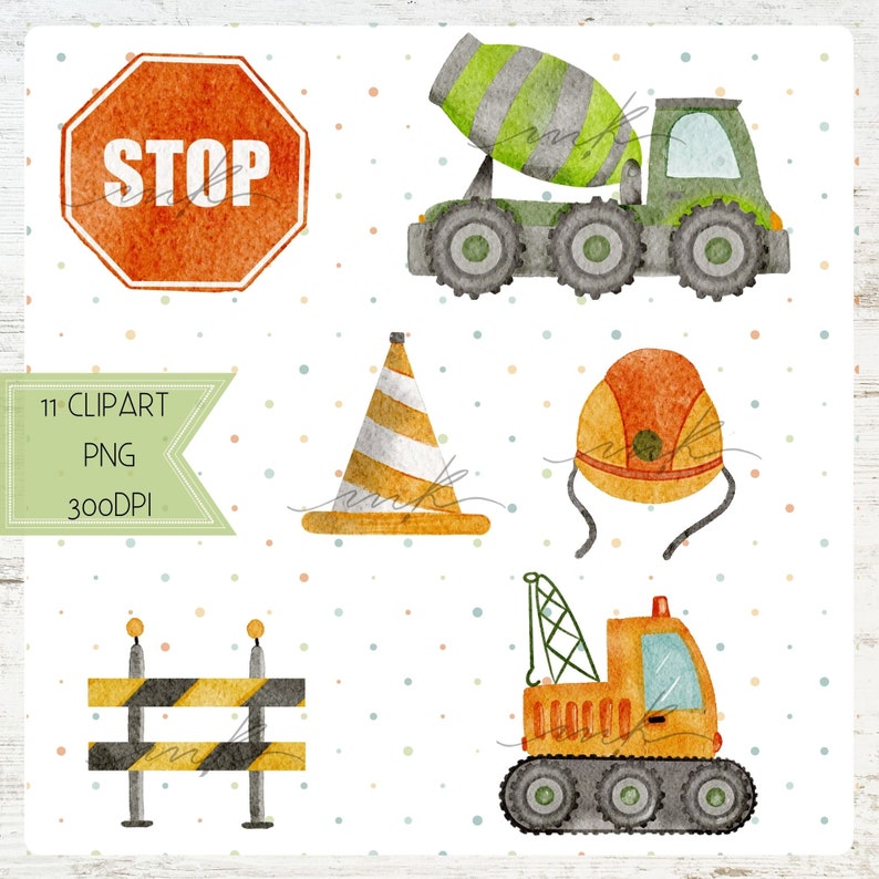 WATERCOLOR CLIPART, Construction Vehicles Scrapbooking Png, Graphics ...