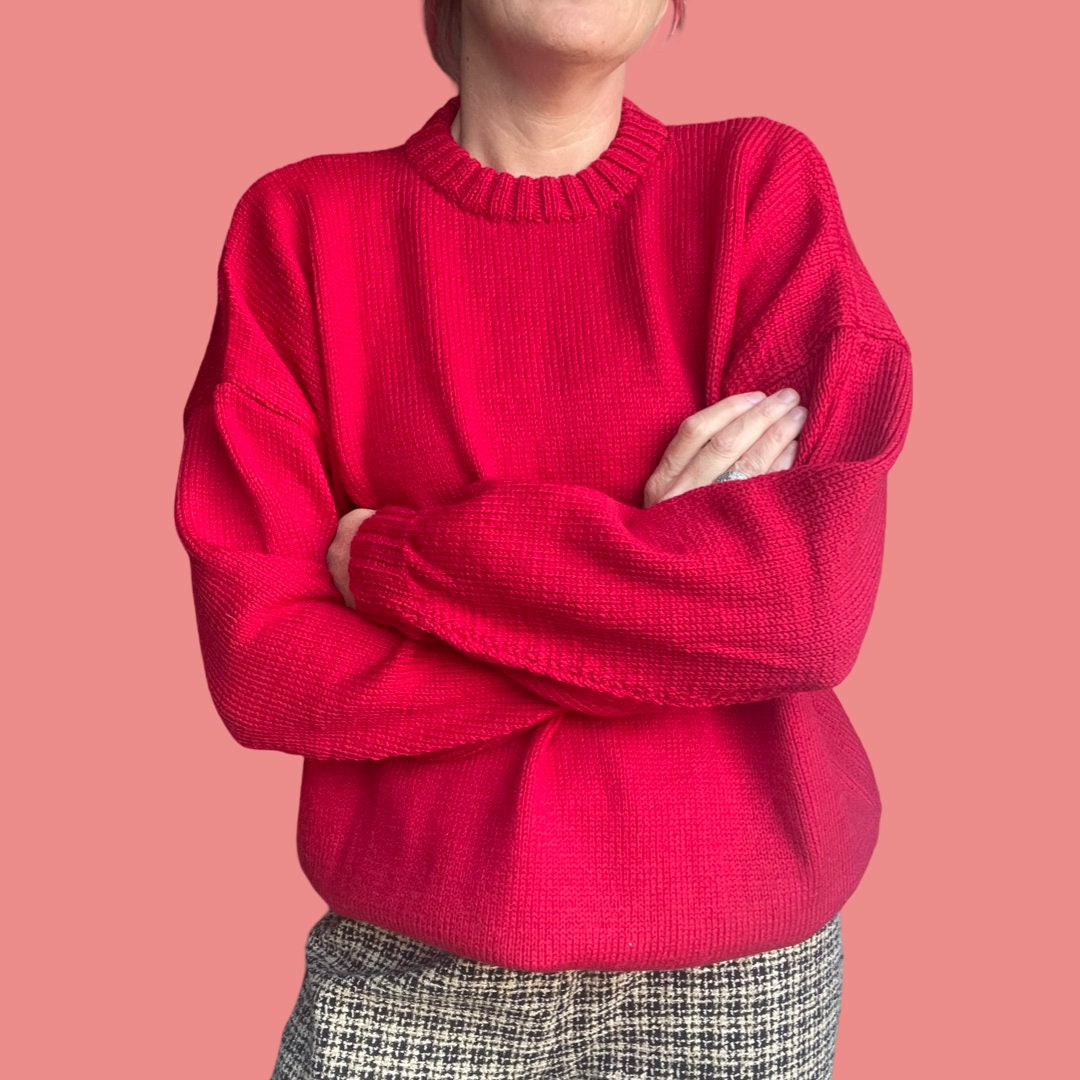 Vintage Hand Knit Sweater | Fire Engine Red | Round Neck | 90s - Etsy