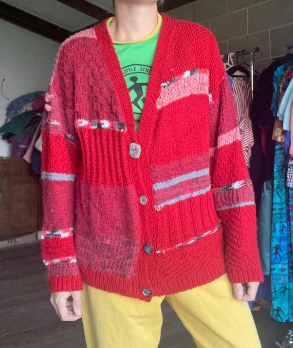 80s Hand Knit Chunky Cardigan | One of a Kind | Patch… - Gem