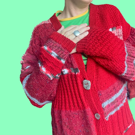 80s Hand Knit Chunky Cardigan | One of a Kind | Patch… - Gem