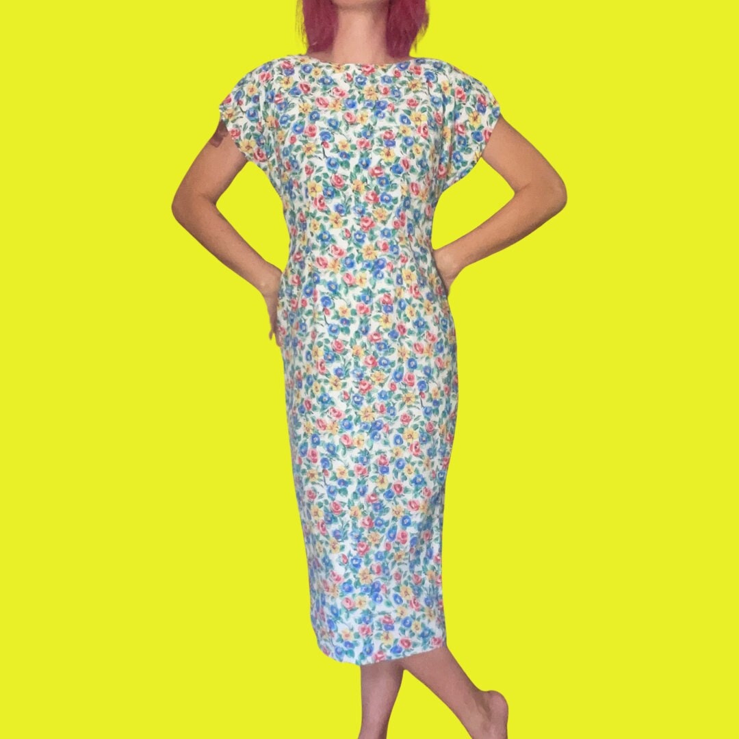 Gorgeous 80s Floral Secretary Pencil Dress | Floral Print on White ...