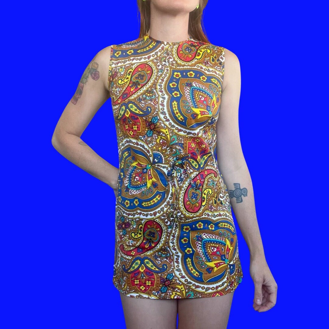 Classic 60s Super Mini Mod Dress | Paisley Print | Blue, Red, Gold ...