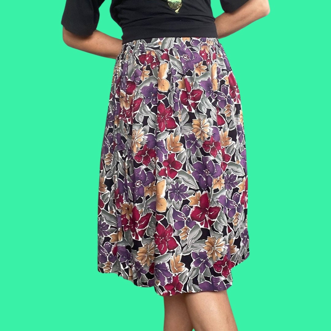 90s Floral A Line Skirt | Purple Green Maroon | Hand Made | Super Comfy ...