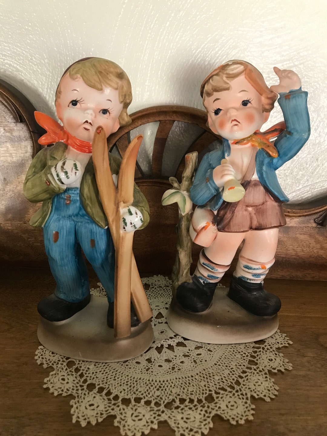 Vintage 1950s Large Hummel Type Figurines, Boy on Ski , Boy With Horn ...