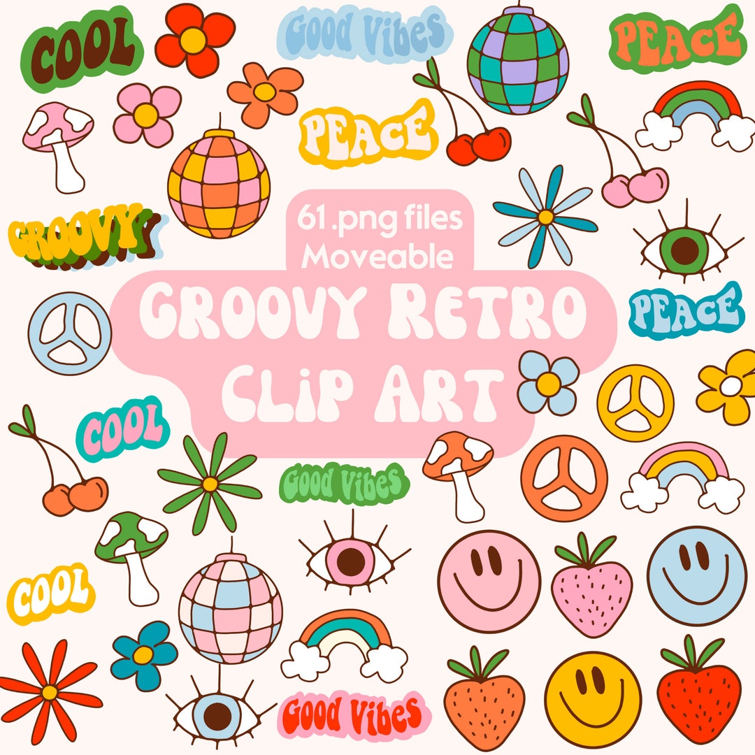 Groovy Retro Theme .png Clip Art Pack | Peace Disco Ball | Dorm Decor ...