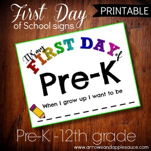 First Day of School Pre-k to 12th Grade Printable Sign, Photo Prop ...