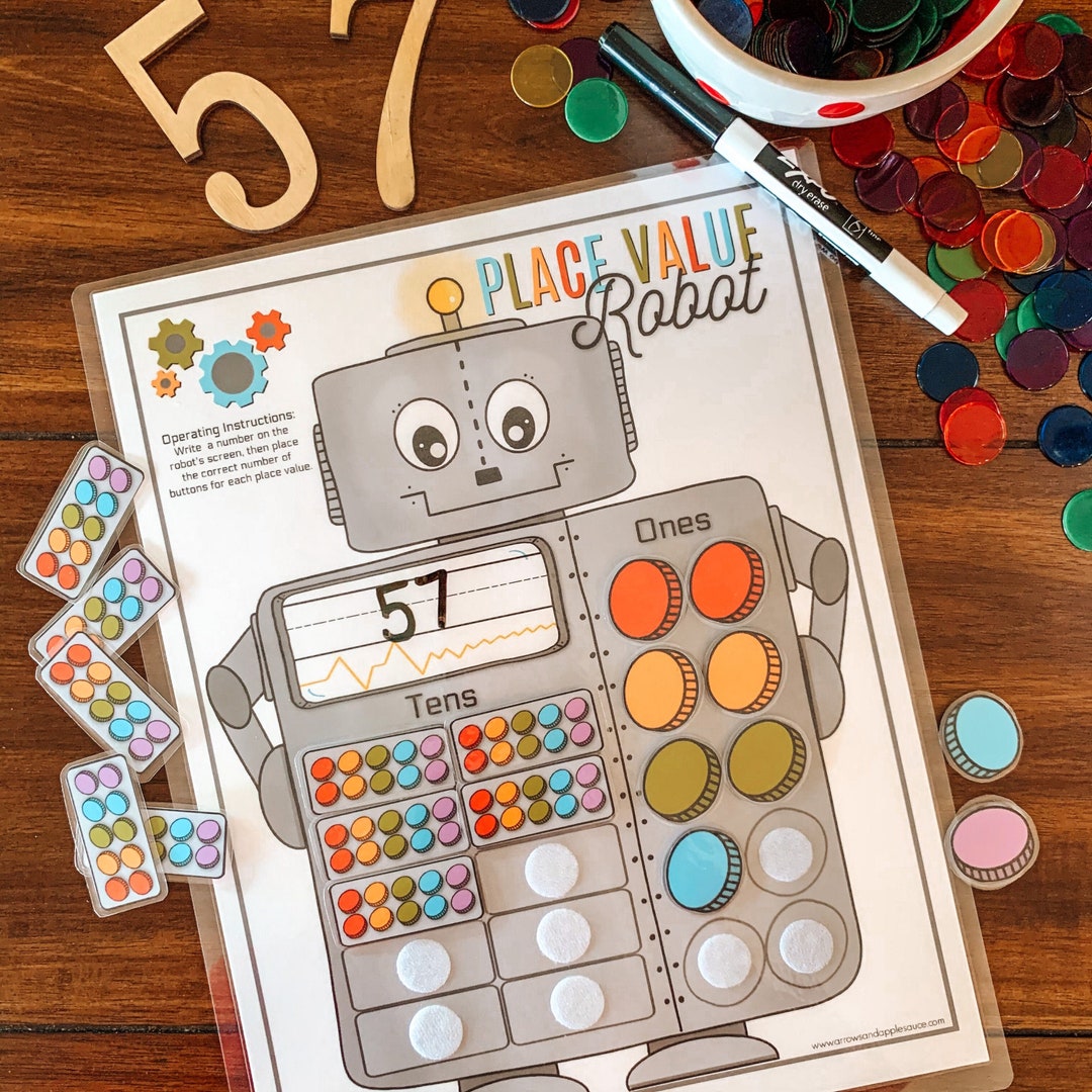 Place Value Counting Activity, Printable Kids Robot Math Game ...
