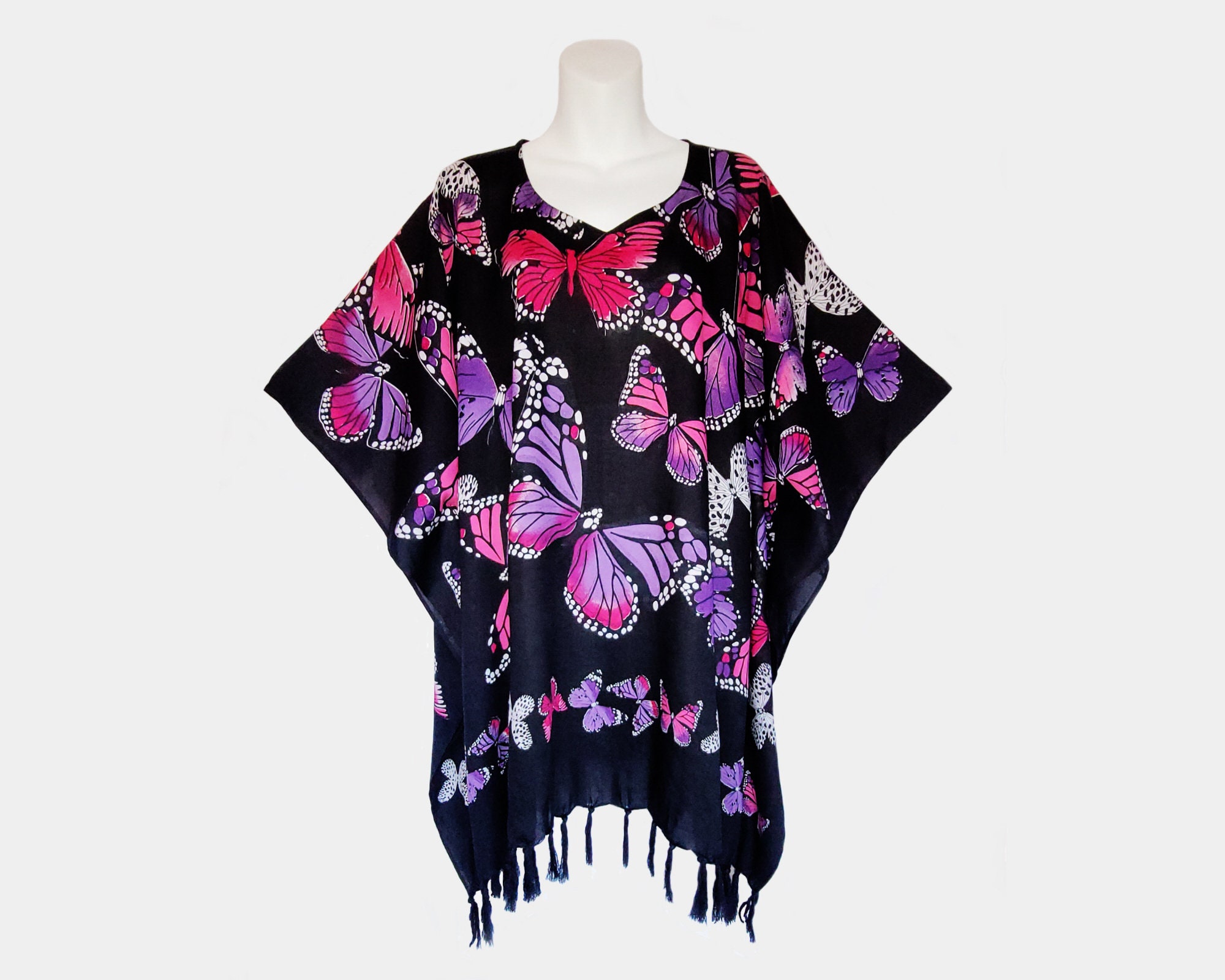 Butterfly Poncho Top - Beach Cover-up, Fringe, Light-weight Rayon, Plus ...