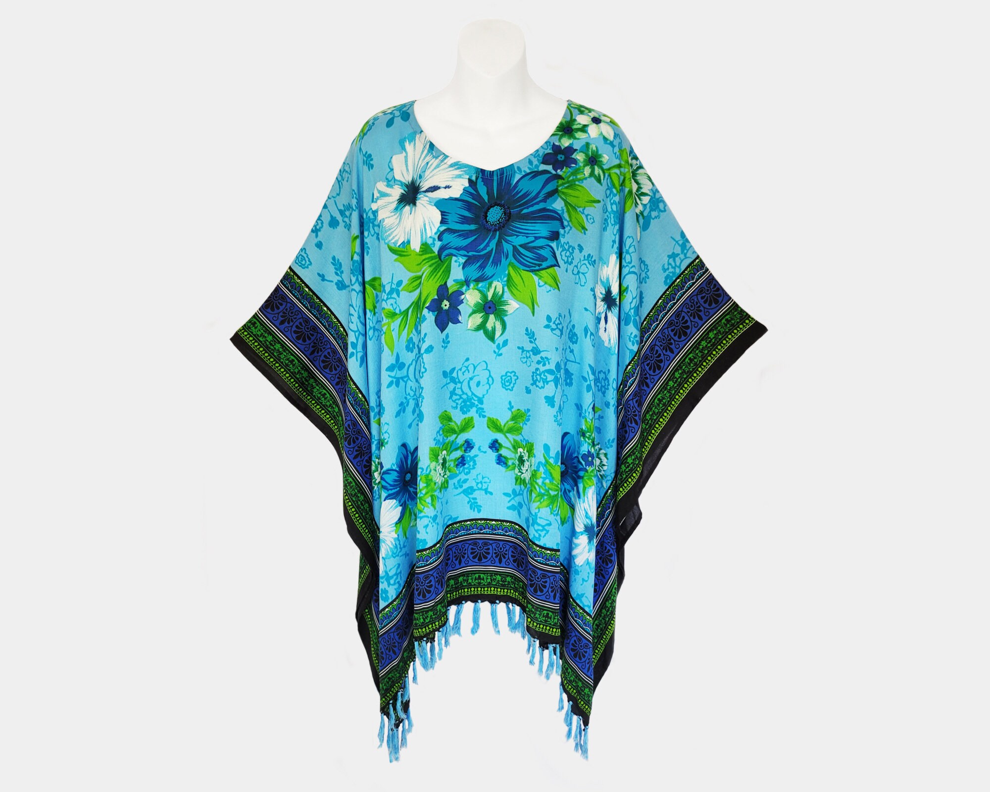 Fancy Floral Poncho Top With Border and Fringe, Light Weight Rayon - Etsy
