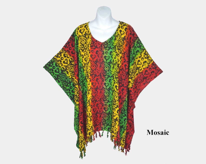 Rasta Striped Poncho Top With Fringe - Red, Green. Gold, Black, Light ...