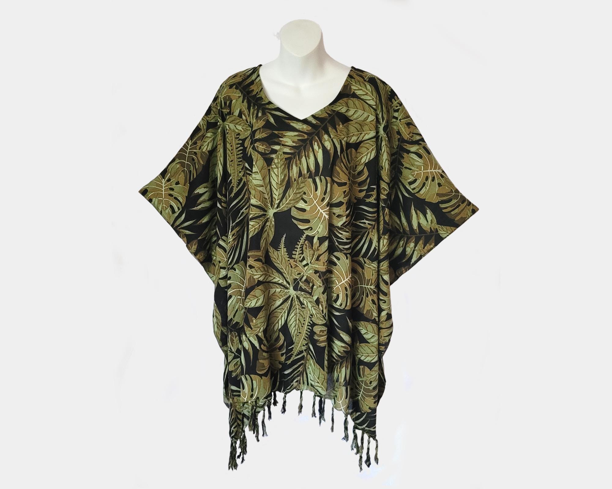 Tropical Leaf Print Poncho Top With Fringe, Small to Plus Size - Etsy