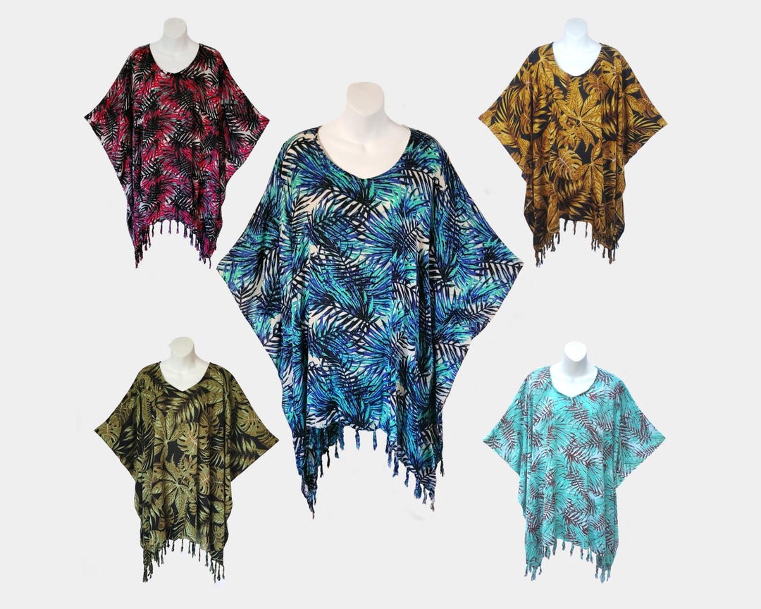 Tropical Leaf Print Poncho Top With Fringe, Small to Plus Size - Etsy