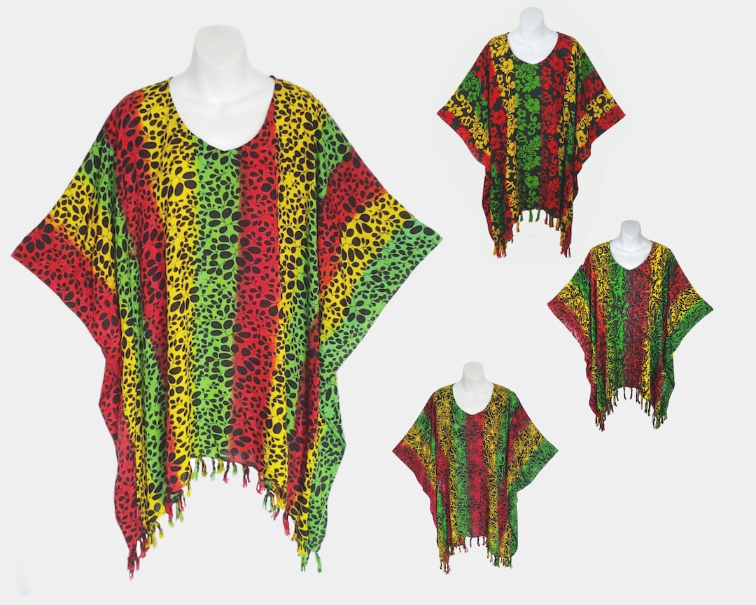Rasta Striped Poncho Top With Fringe Red Green. Gold Black - Etsy