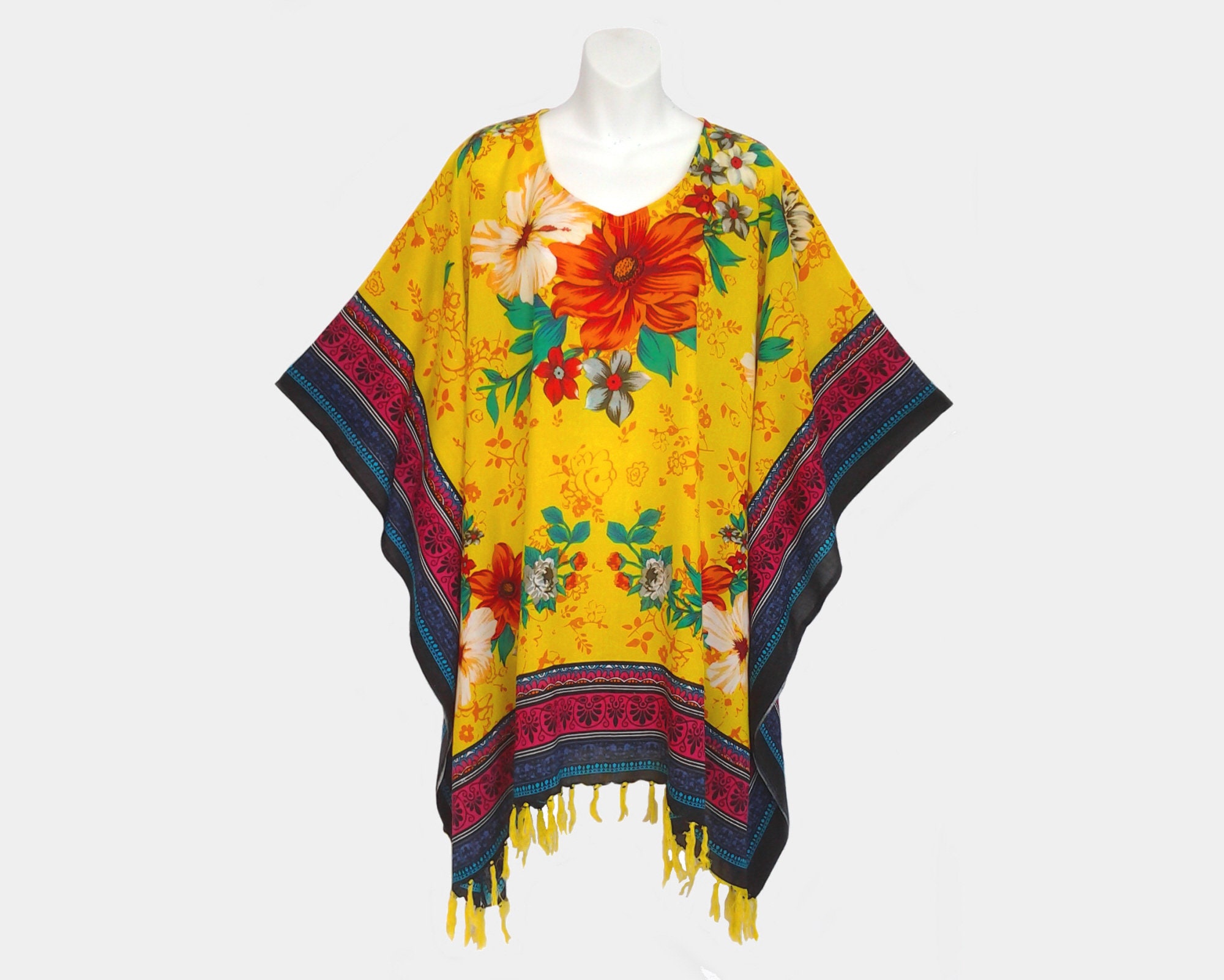 Fancy Floral Poncho Top With Border and Fringe, Light Weight Rayon - Etsy