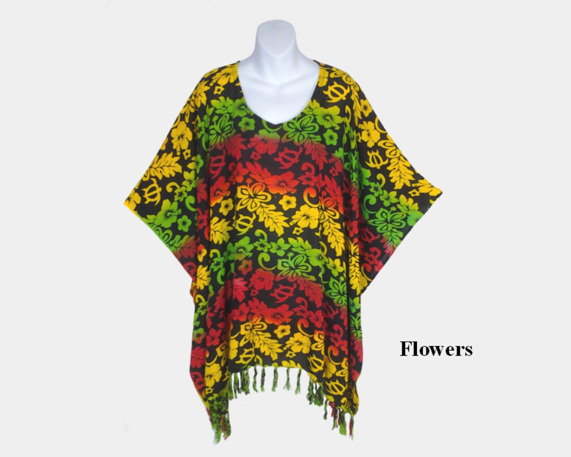 Rasta Striped Poncho Top With Fringe - Red, Green. Gold, Black, Light ...