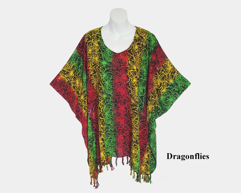 Rasta Striped Poncho Top With Fringe - Red, Green. Gold, Black, Light ...