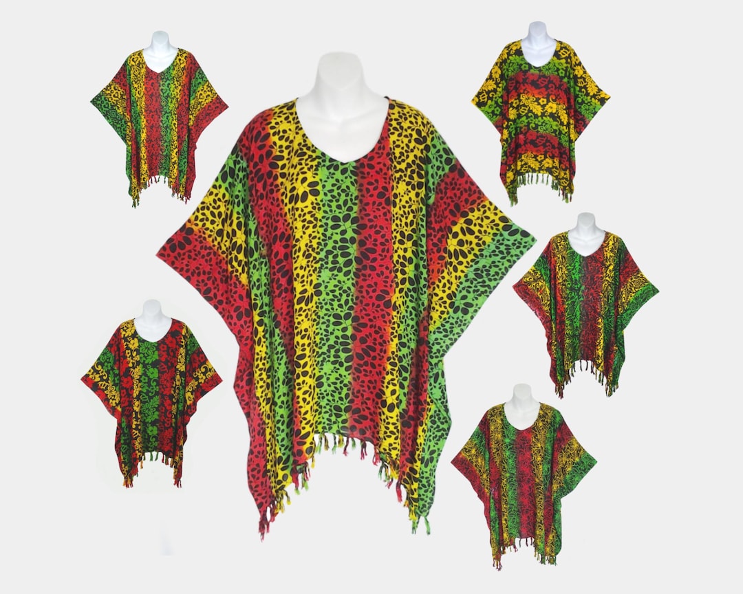 Rasta Striped Poncho Top With Fringe - Red, Green. Gold, Black, Light ...