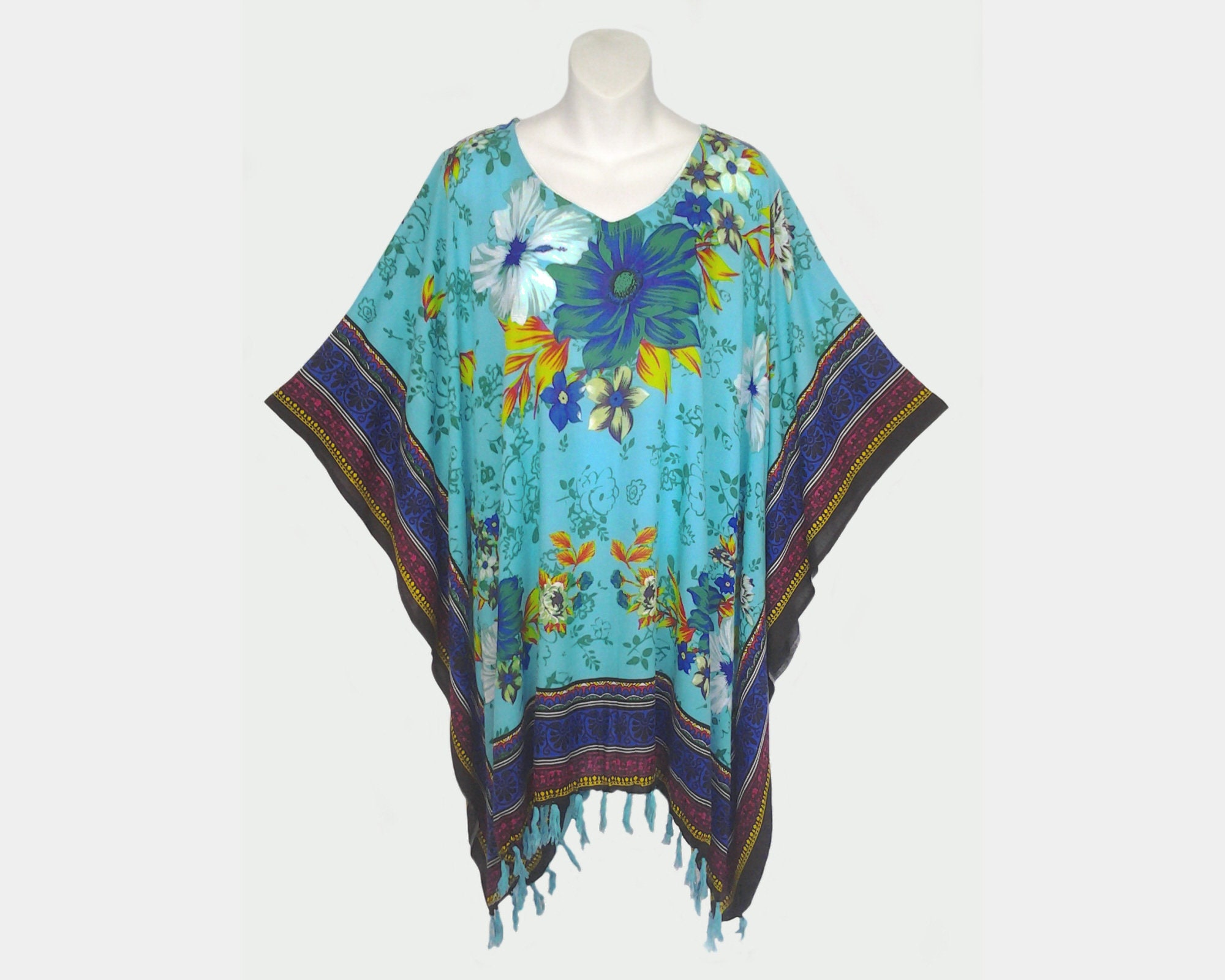 Fancy Floral Poncho Top With Border and Fringe, Light Weight Rayon - Etsy