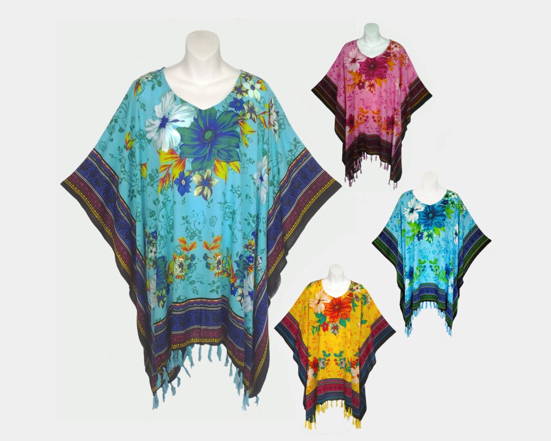 Fancy Floral Poncho Top With Border and Fringe, Light Weight Rayon - Etsy